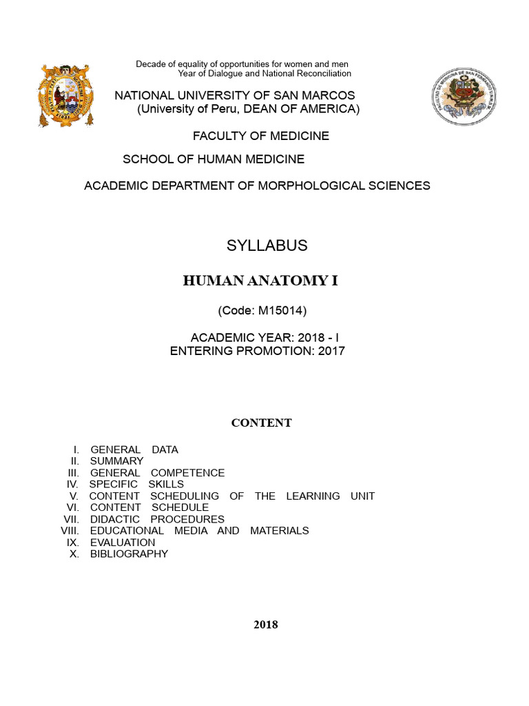 Approved Syllabus Anatomy I Medicine 12.2.18 | PDF | Neck | Anatomical ...