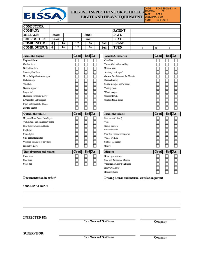 Check List - PRE-USE INSPECTION FOR LIGHT VEHICLES AND HEAVY EQUIPMENT ...