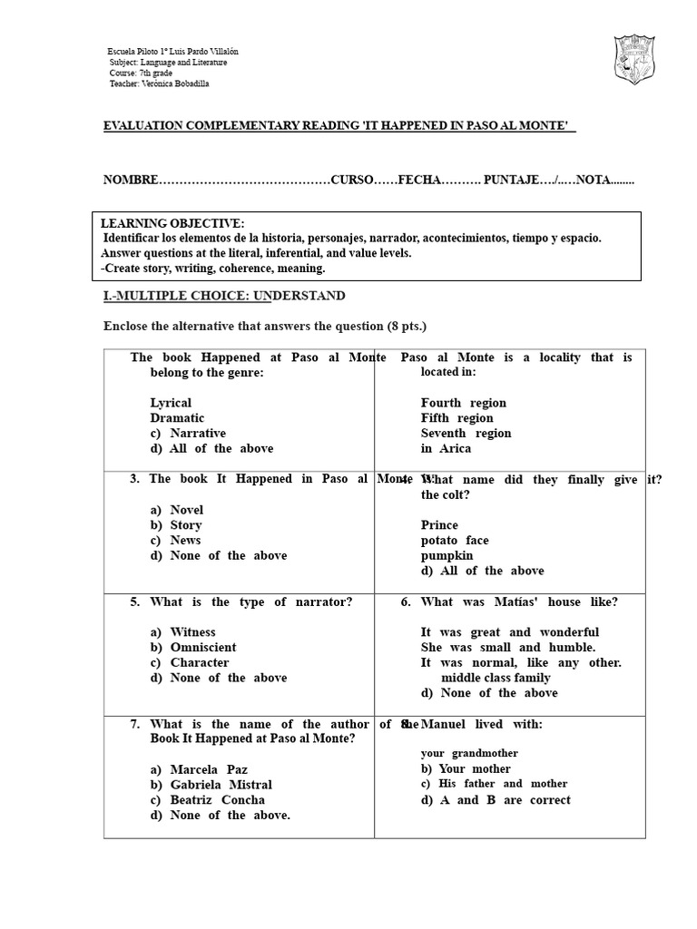 7th Grade Reading Evaluation Guide | PDF | Narration