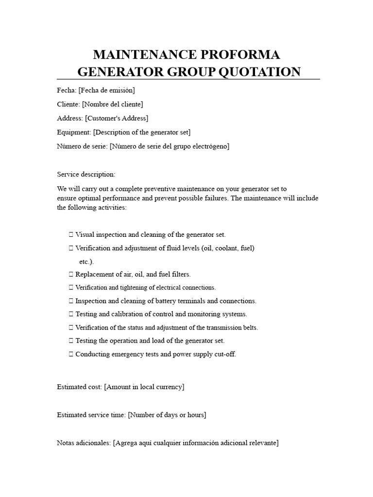 Generator Maintenance Proforma Template | PDF