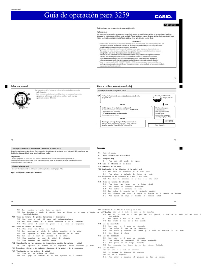 Manual Casio Protrek Prg 250t | PDF | Reloj | Altímetro