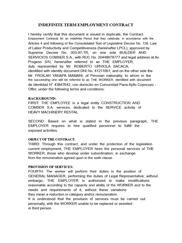 Indefinite Employment Contract Template | PDF | Employment | Working Time