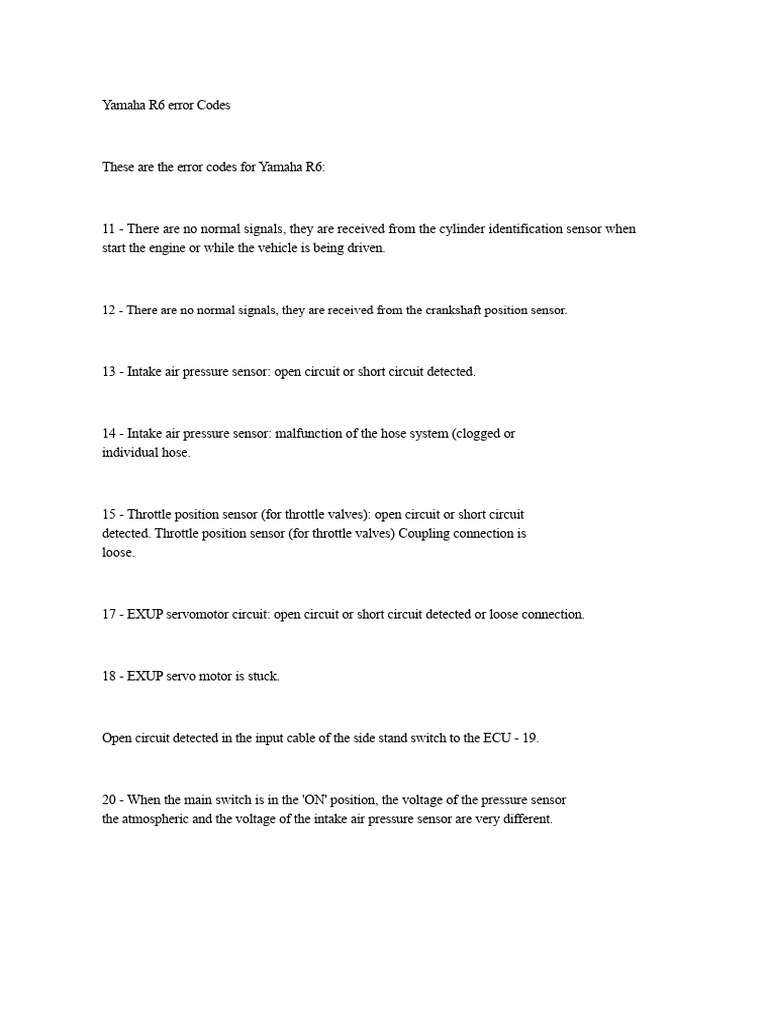 Yamaha R6 Error Codes Guide | PDF | Throttle | Vehicle Parts