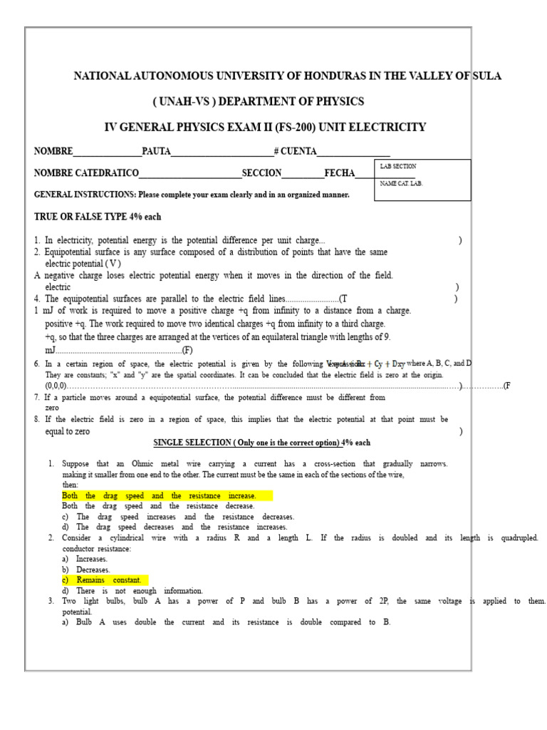 UNAH-VS General Physics Exam II: Electricity | PDF | Electric Current ...