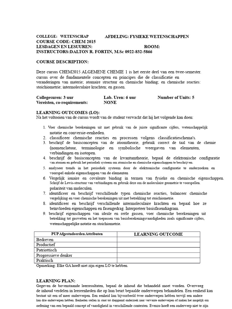 OBE Syllabus_Generale Chemie 1 | PDF