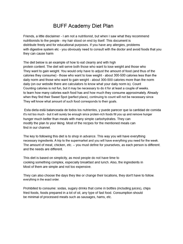 BUFF Academy Diet Plan | PDF | Meal | Lunch