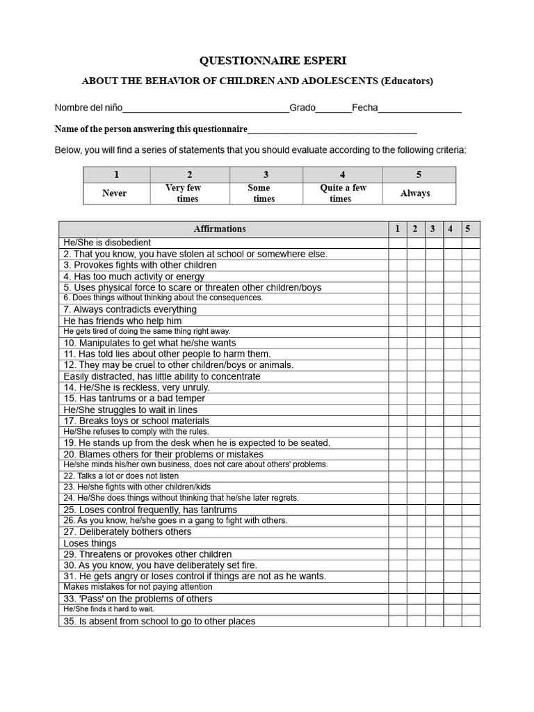 Child Behavior Assessment Questionnaire | PDF | Psychology ...