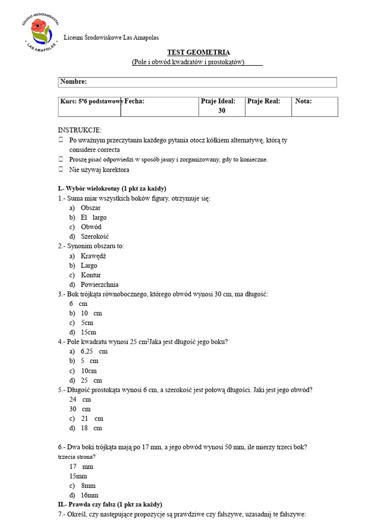 Test Obwód I Pole. | PDF