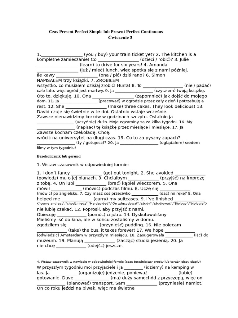Czas Present Perfect Simple Lub Present Perfect Continuous Ćwiczenie 3 ...