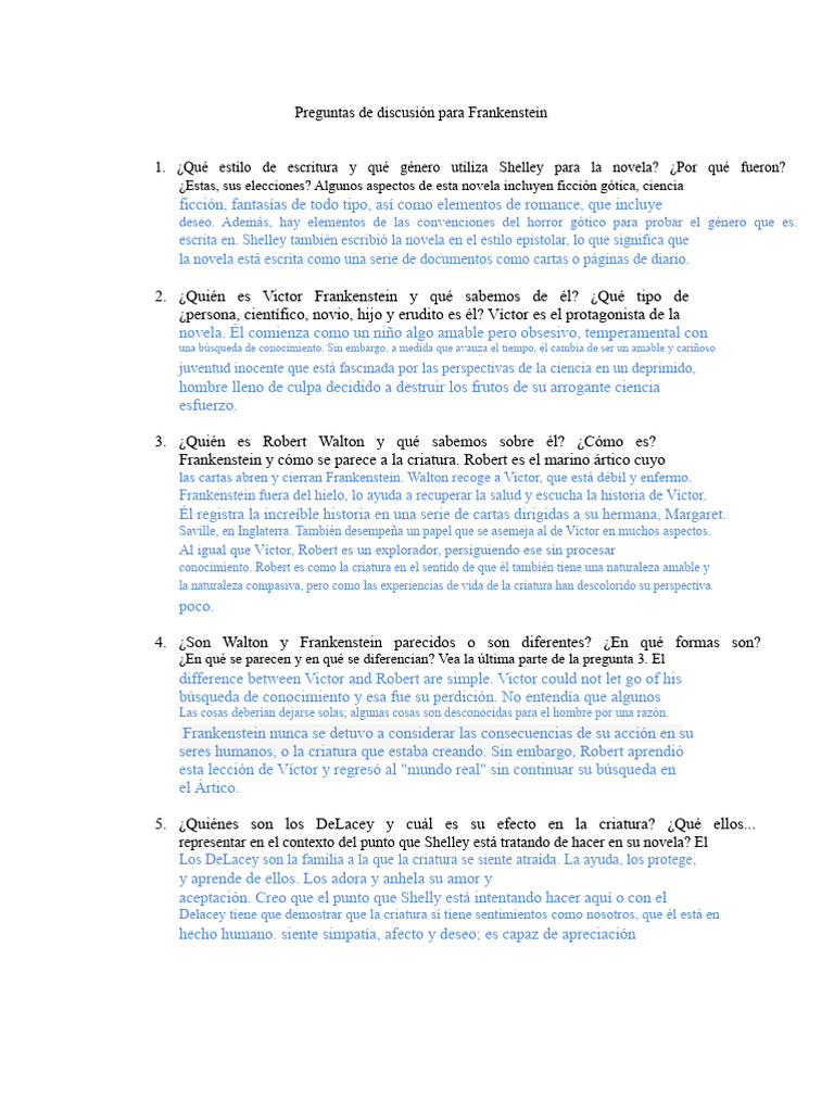 Preguntas de Discusión para Frankenstein | PDF | Frankenstein | Novelas