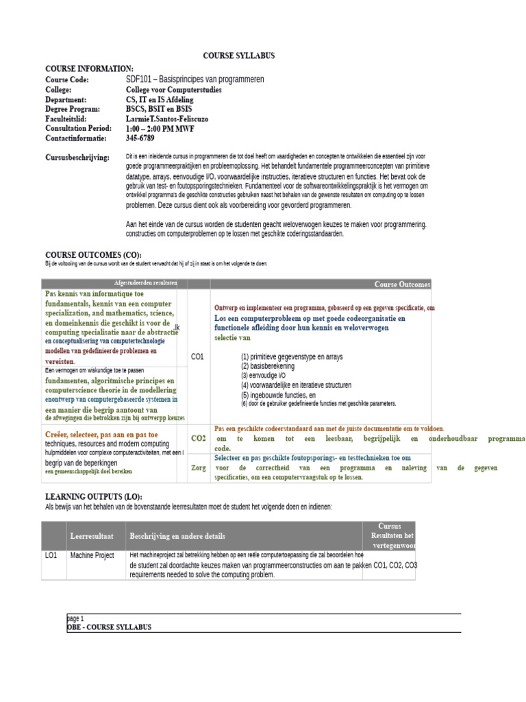 Programmeren 1 OBE Syllabi Voorbeeld | PDF