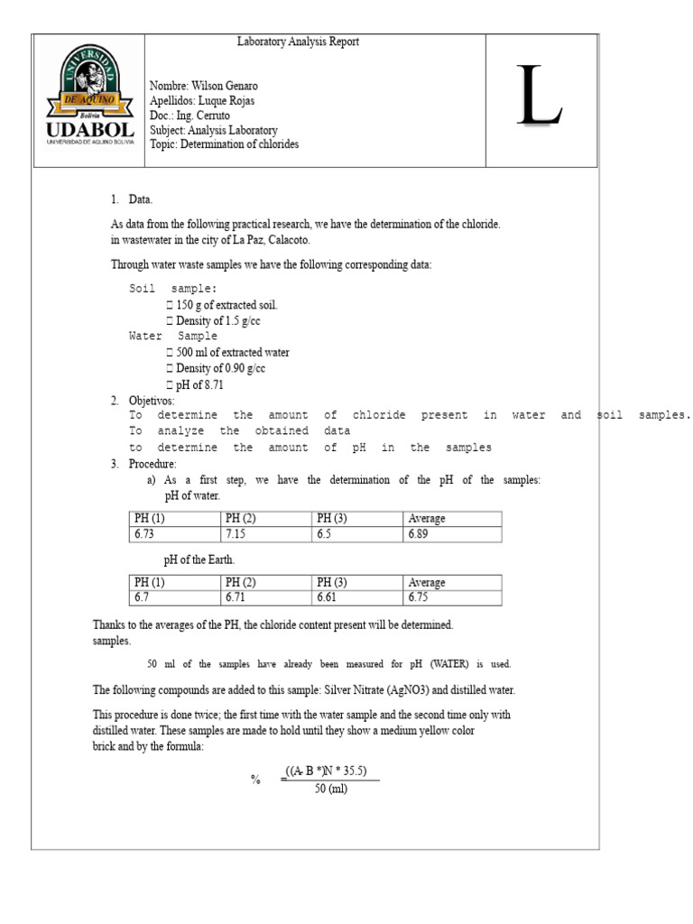 Chloride Analysis in La Paz Samples | PDF | Ph | Water