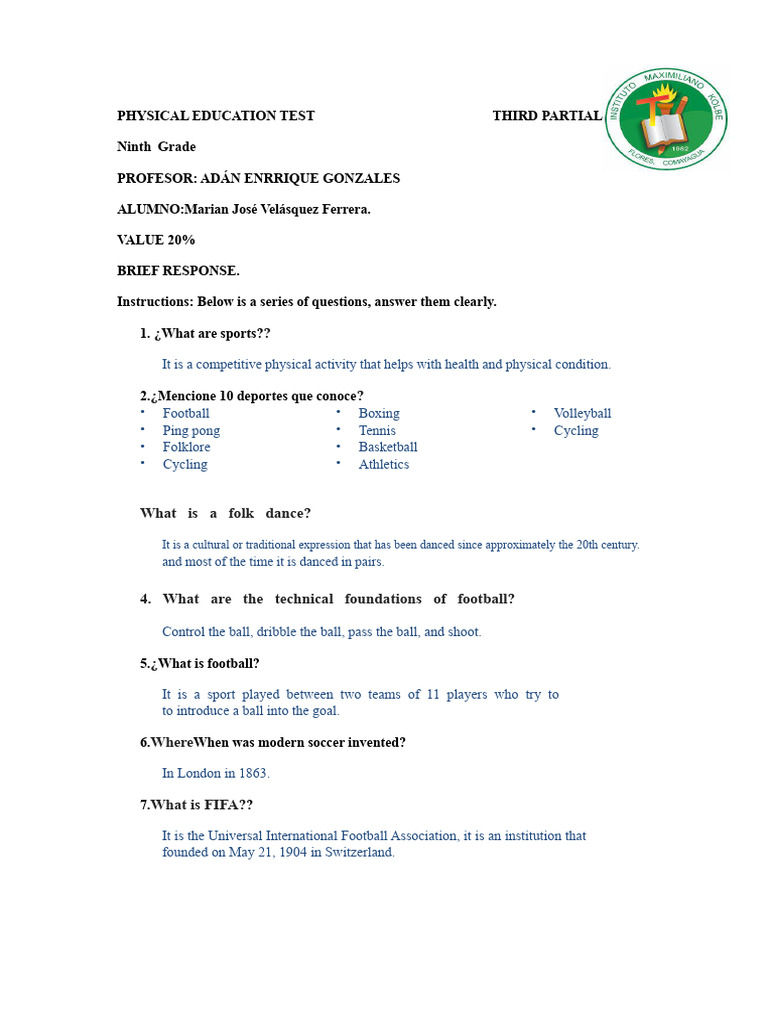 Ninth Grade Physical Education Test | PDF | Association Football | Team ...