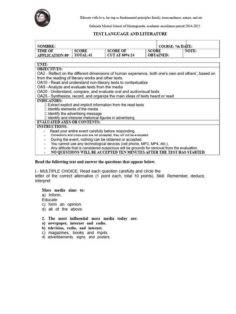 7th Grade Language and Literature Test | PDF | Communication | Mass Media