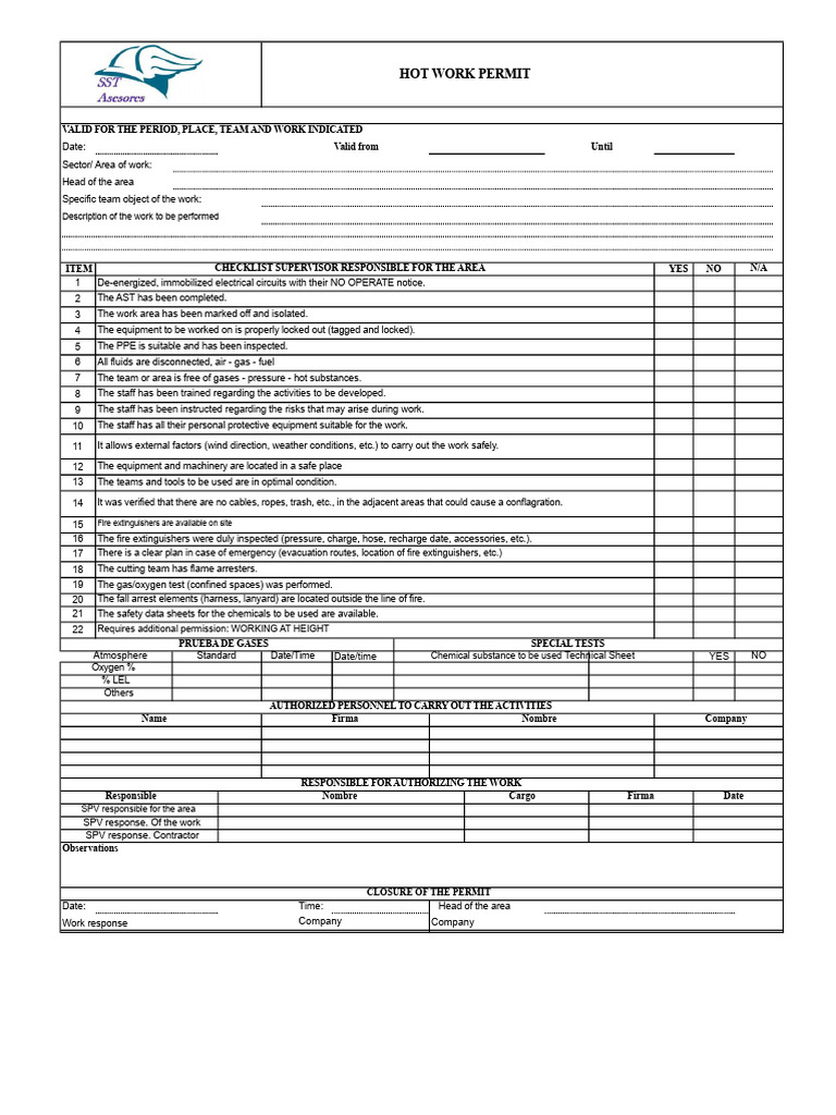 Hot Work Permit Checklist Template | PDF | Fires | Personal Protective ...