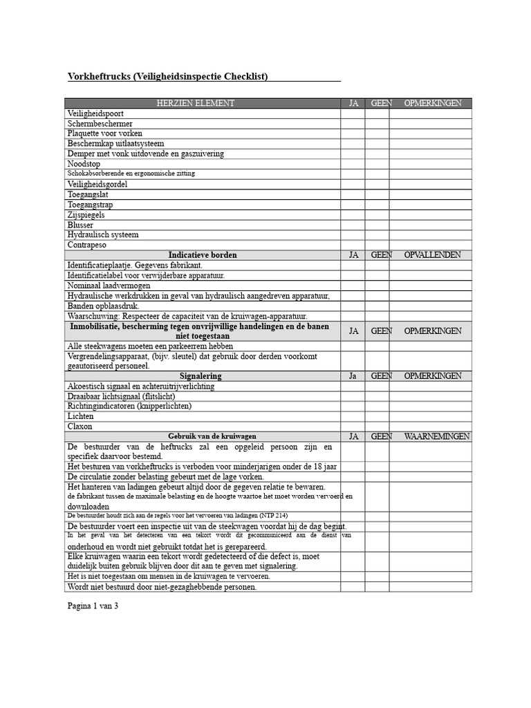 Checklist Van de Heftruck | PDF