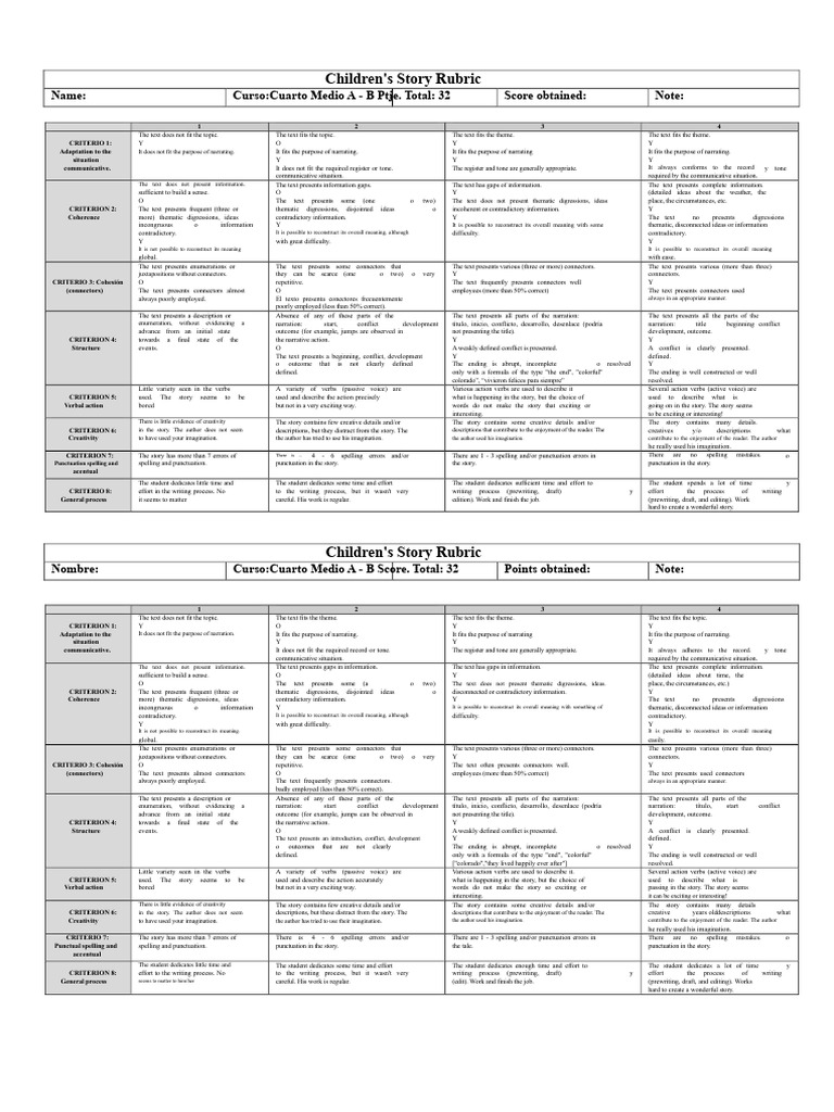 Children's Story Rubric - For Evaluation | PDF | Verb | Human Communication