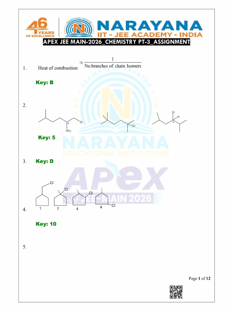 Apex Jeemain 2026 Chemistry Pt-3 Assignment Key&Sol | PDF