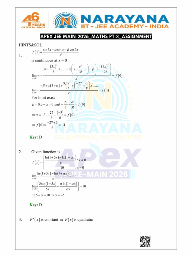 Apex Jeemain 2026 Mathematics Pt-3 Assignment Key | PDF