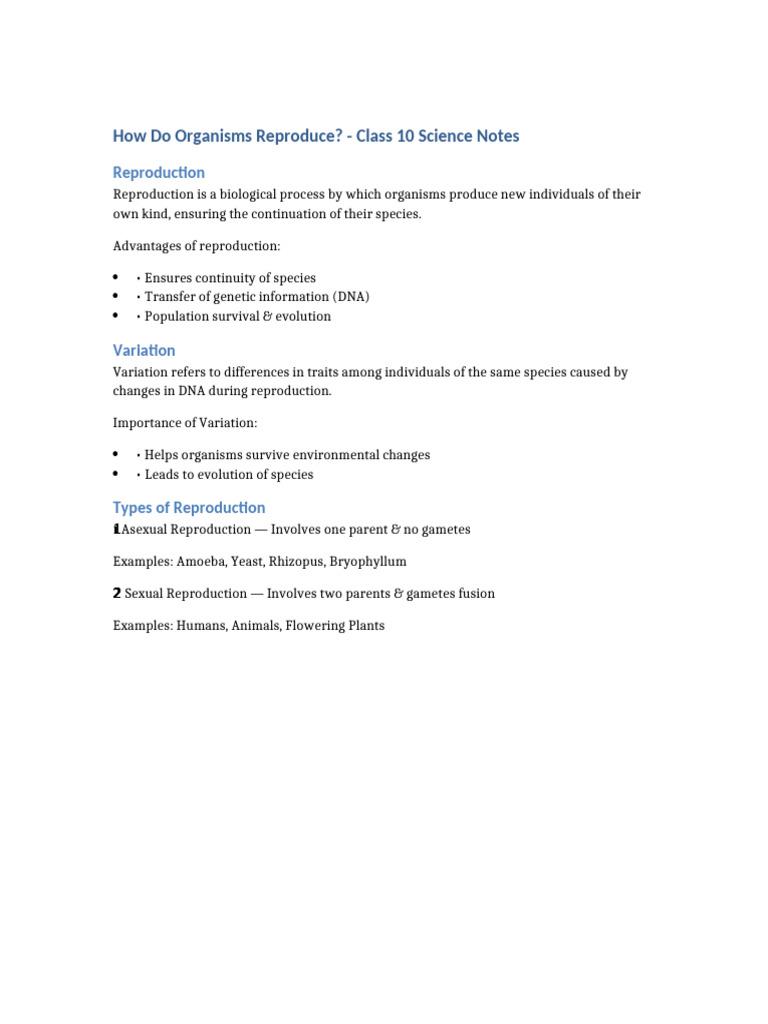 Organism Reproduction: Class 10 Notes | PDF
