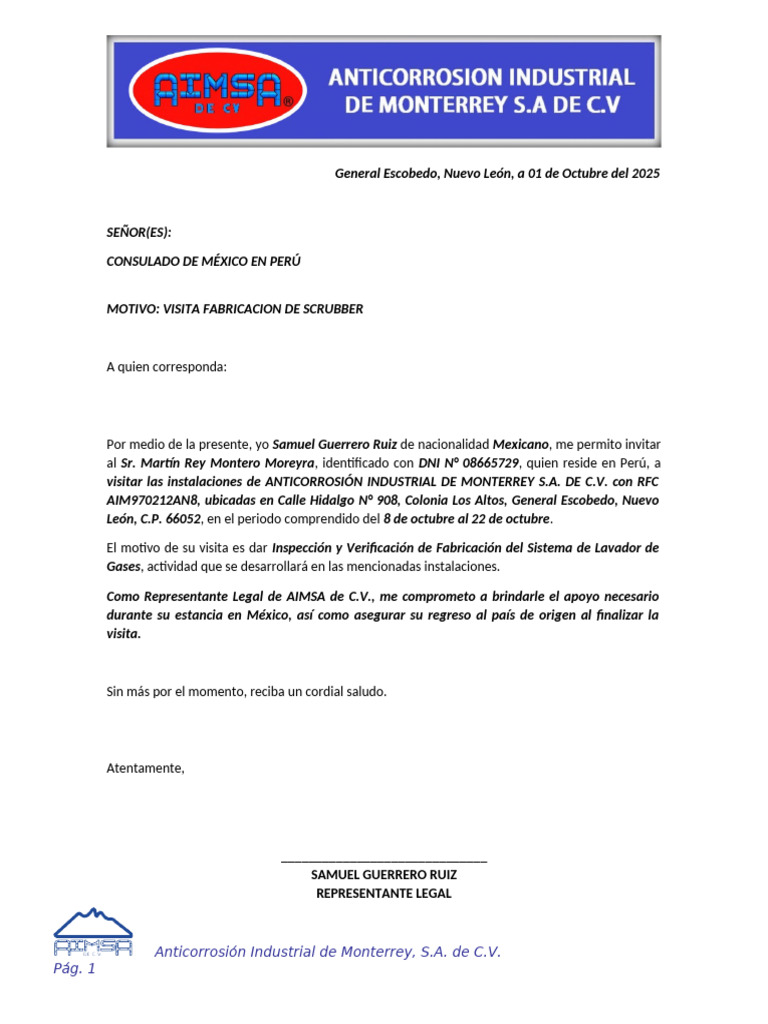 Carta de Invitación Al País Mexico - Martín MCB 30-09-2025 | PDF