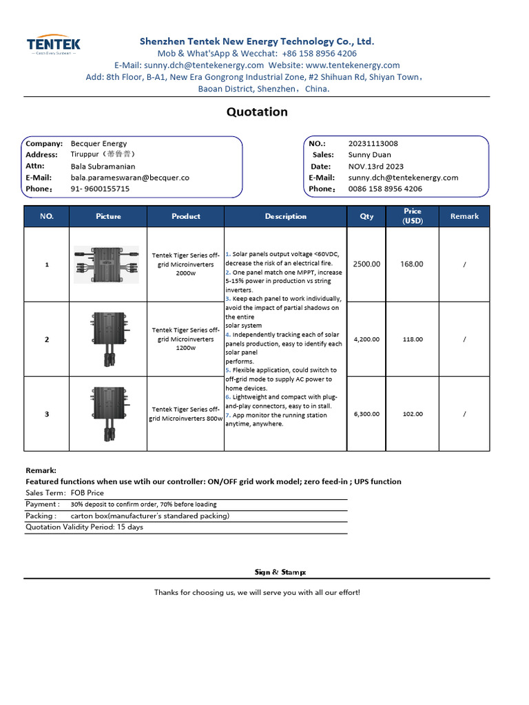 Tentek Solar Microinverter Quotation | PDF | Glass Applications ...