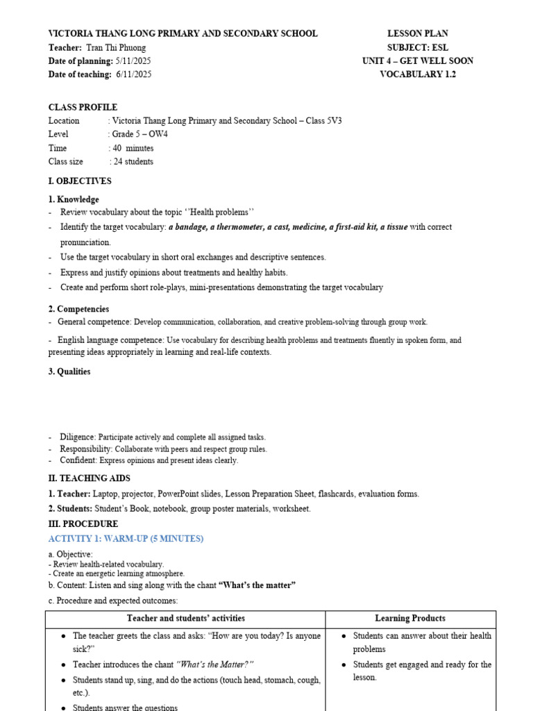 ESL Lesson Plan: Health Vocabulary for Grade 5 | PDF | Vocabulary ...