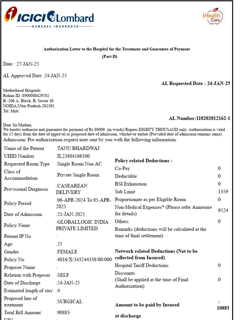 Hospital Payment Authorization Letter | PDF | Insurance | Hospital