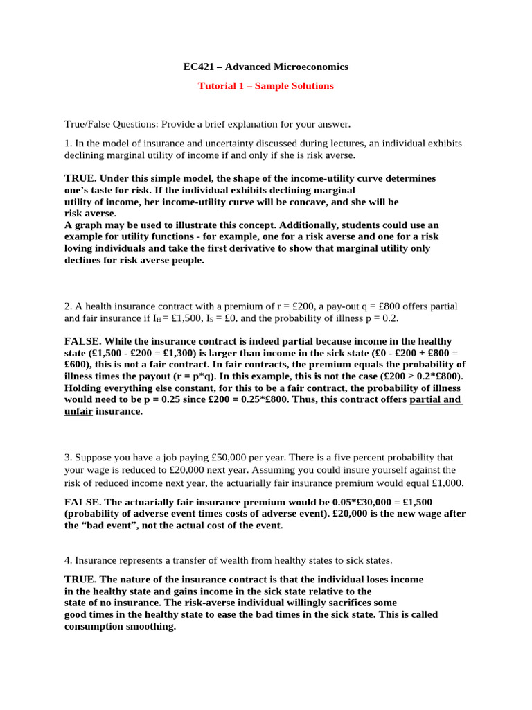 Tutorial 1 - Solutions | PDF | Adverse Selection | Moral Hazard