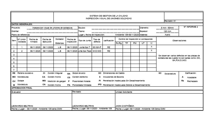 Formato Inspeccion Visual de Soldaduras Leo | PDF | Procesos de negocio ...