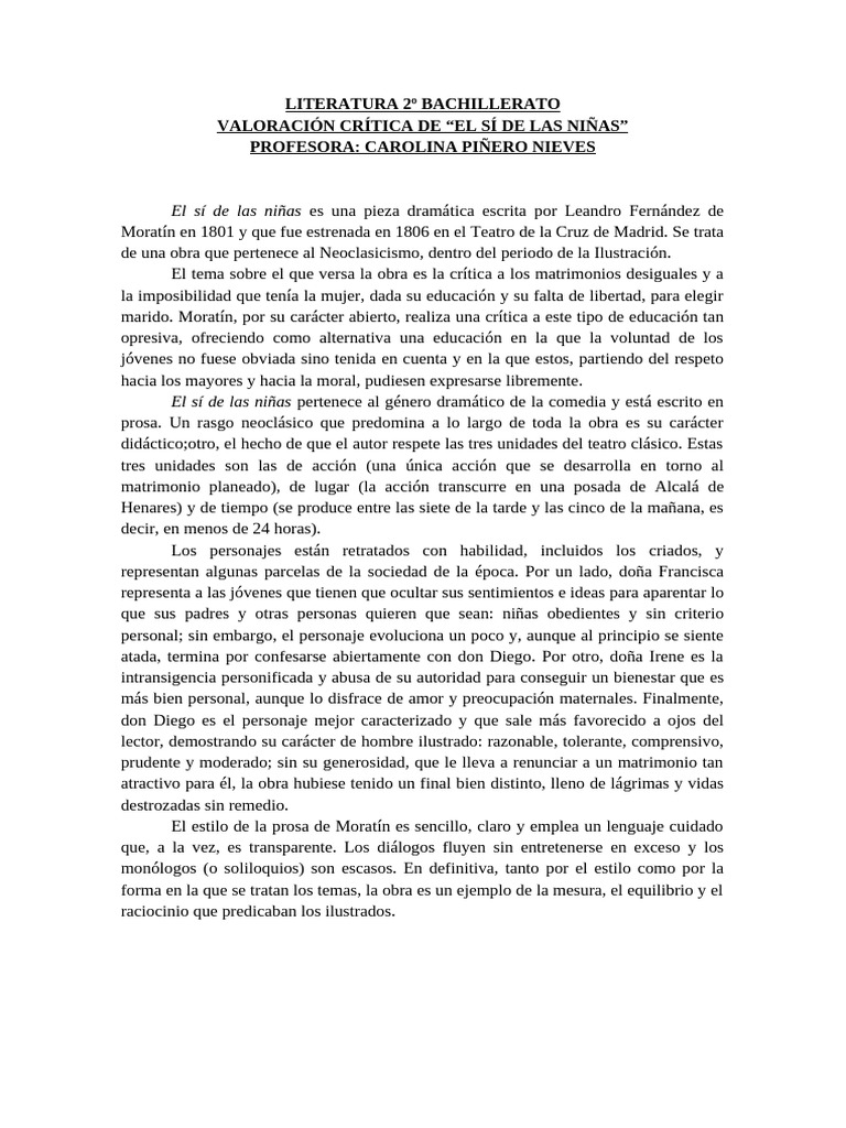 Valoración Crítica El Sí de Las Niñas | PDF