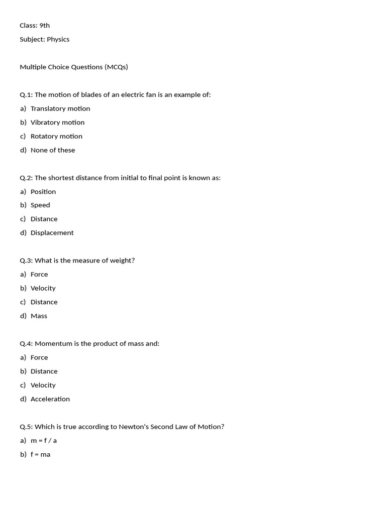 9th Grade Physics MCQs for Students | PDF