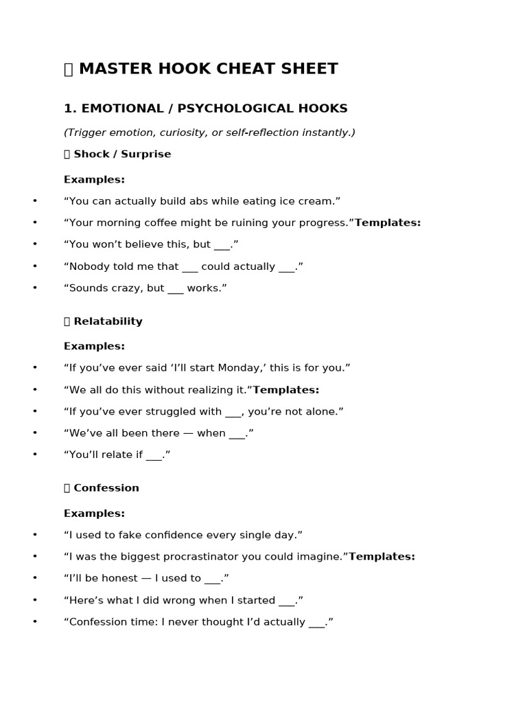 Master Hook Cheat Sheet for Engagement | PDF