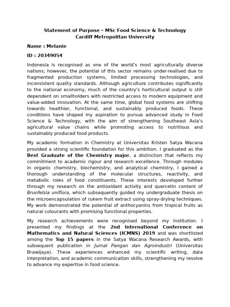 MSc Food Science & Technology Statement | PDF | Science