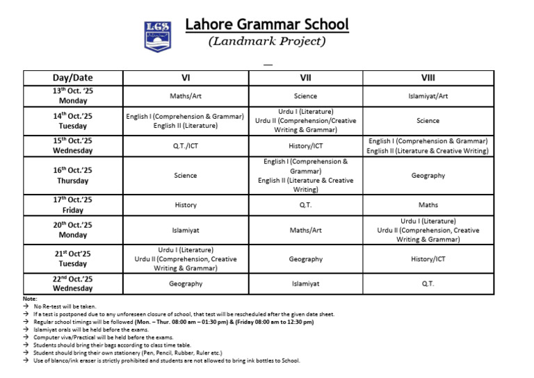 Monthly Test Date Sheet October, 2021 (VI - VIII) | PDF