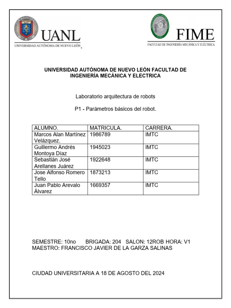 P1 - Parámetros Básicos Del Robot | PDF | Robot | Robótica