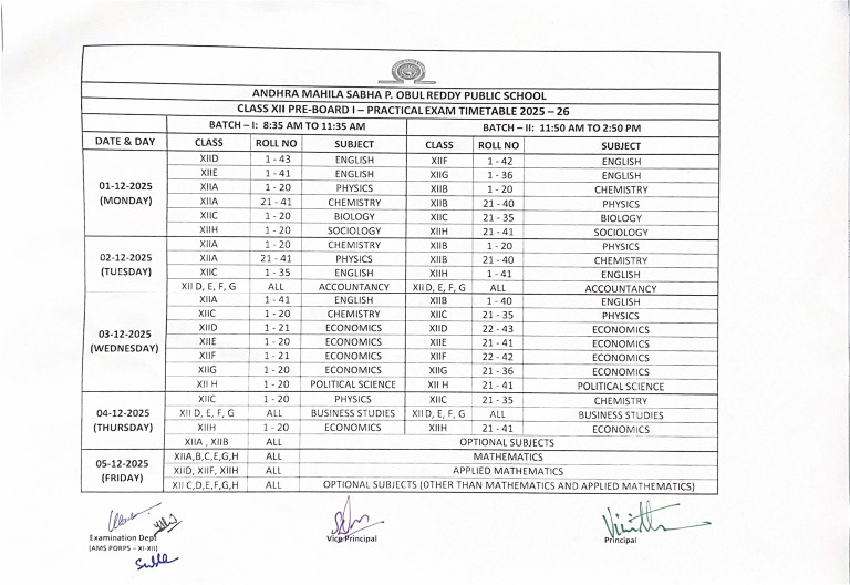 Preboard - 1 - Practical Time Table - Grade Xii | PDF