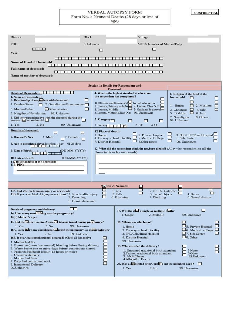 Neonate Verbal Autopsy Form | PDF | Breastfeeding | Childbirth