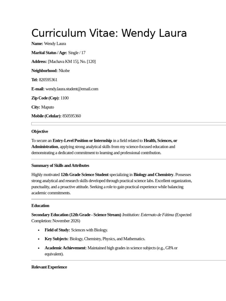 Wendy Laura's Science CV for Internships | PDF