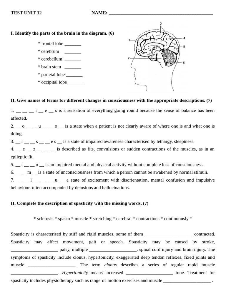 Physiotherapy Test Unit 12 | PDF | Human Diseases And Disorders | Neurology