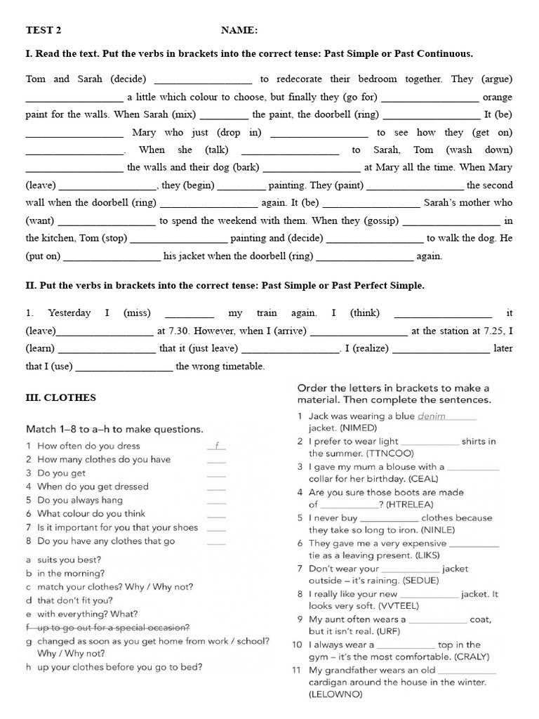 Test 2 - Past Tenses, Clothes, Travel, Weather, Adverbs | PDF