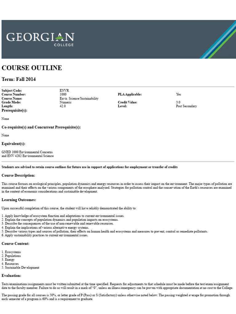 ENVR1000 Envir. Science - Sustainability - Course Outline - Georgian College | PDF ...