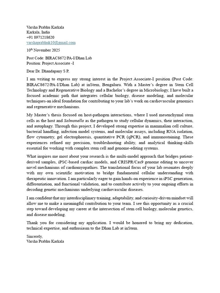 Varsha Prabhu Karkala InStem | PDF