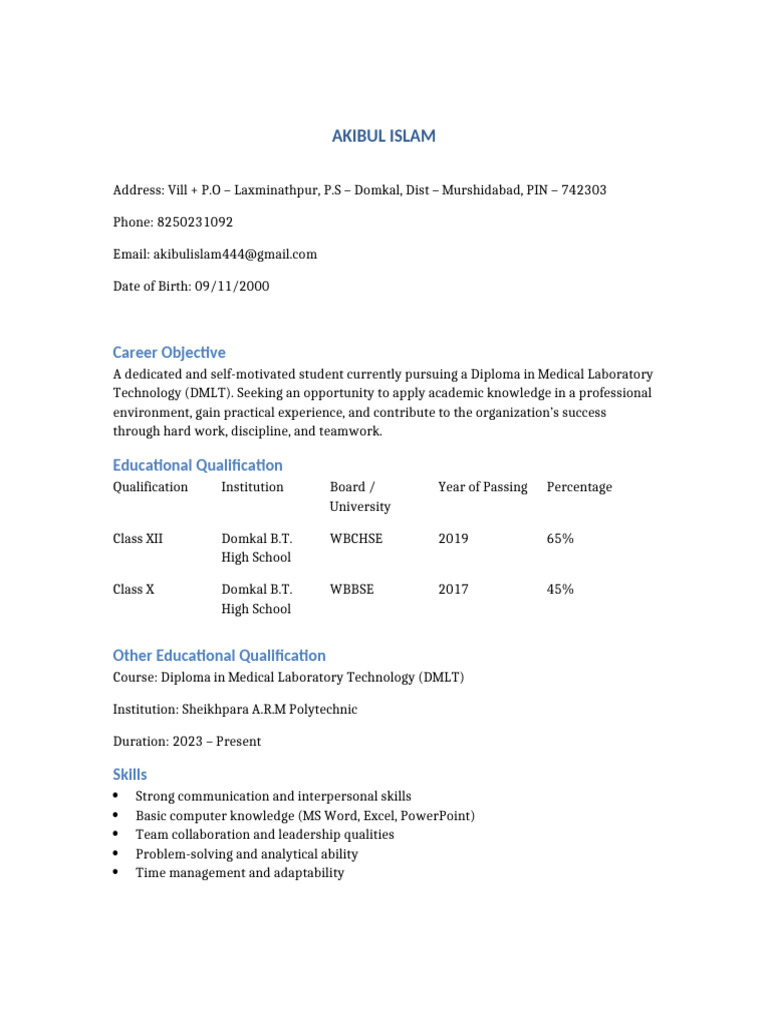 Akibul Islam: DMLT Student Resume | PDF
