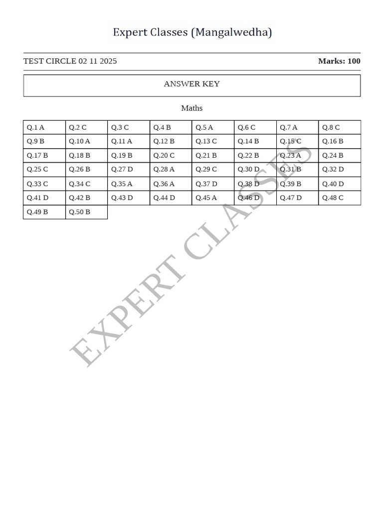 Maths Test Answer Key 2025 | PDF | Circle | Geometry
