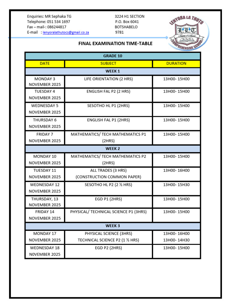 31-10 Final Examination Time-Table - 030000 | PDF