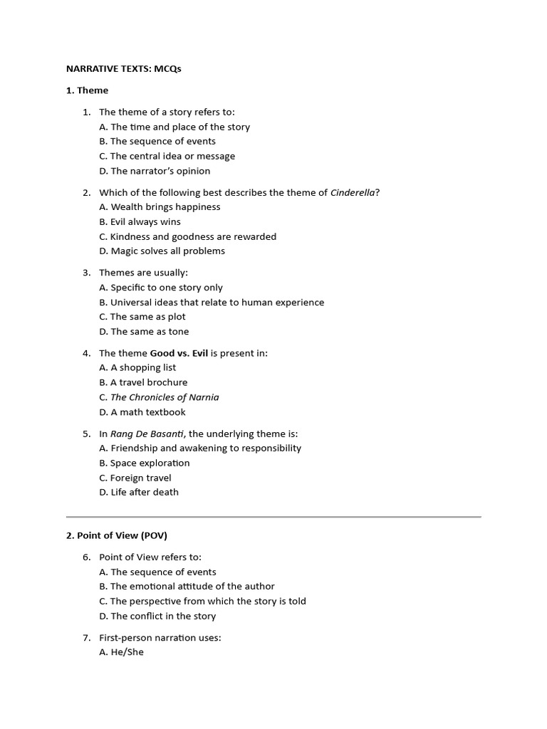 Narrative Texts: MCQs on Themes, POV, and More | PDF | Narration | Plot ...