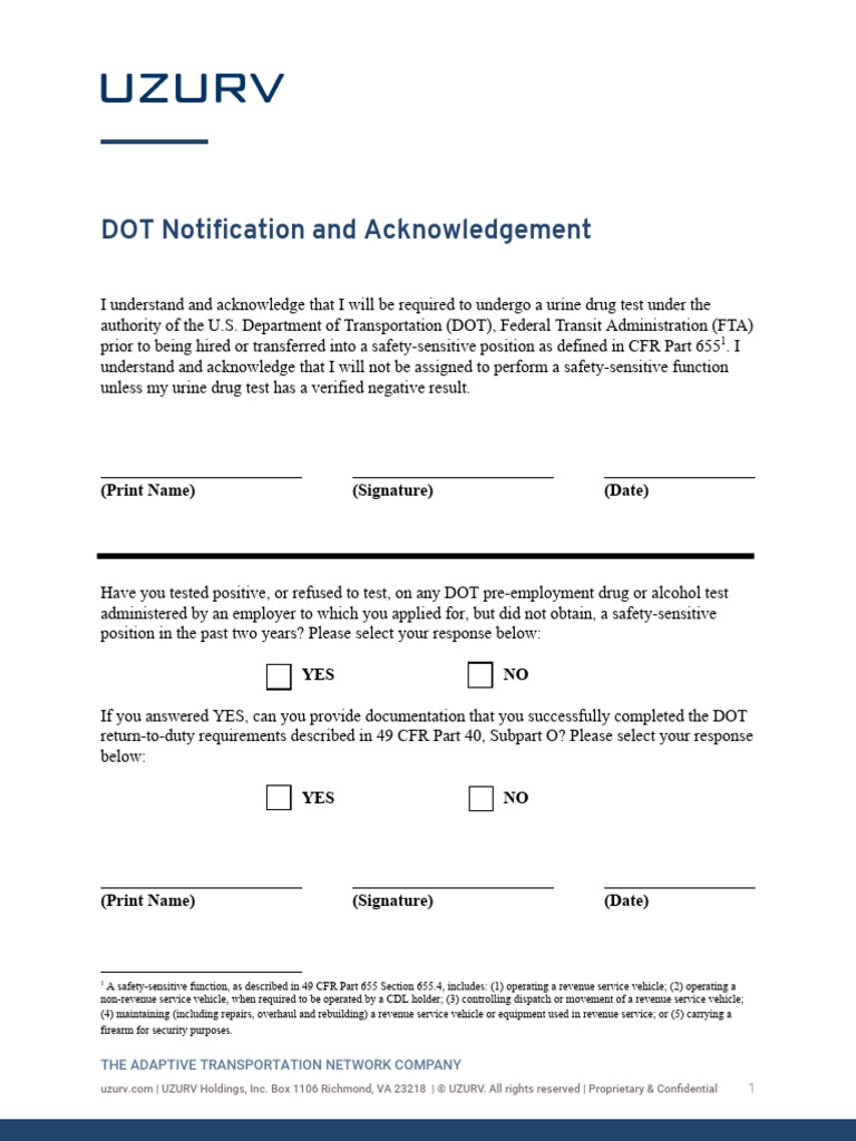 DOT Drug Test Acknowledgement Form | PDF