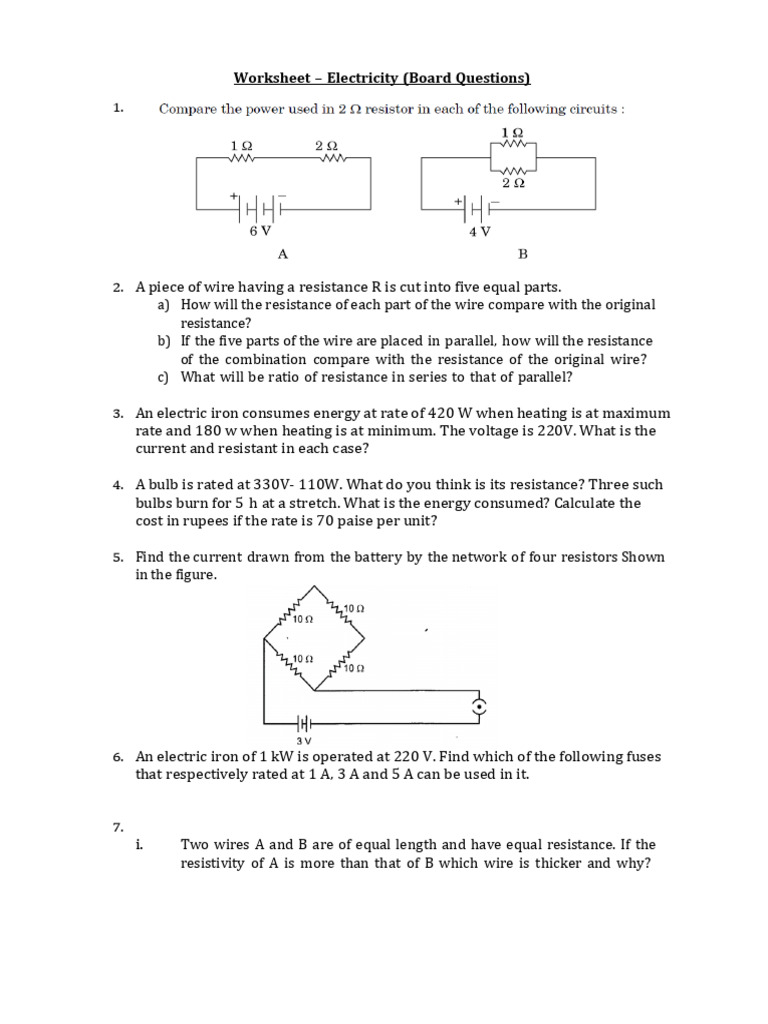 Worksheet - 1 Electricity 22sept | PDF | Resistor | Voltage
