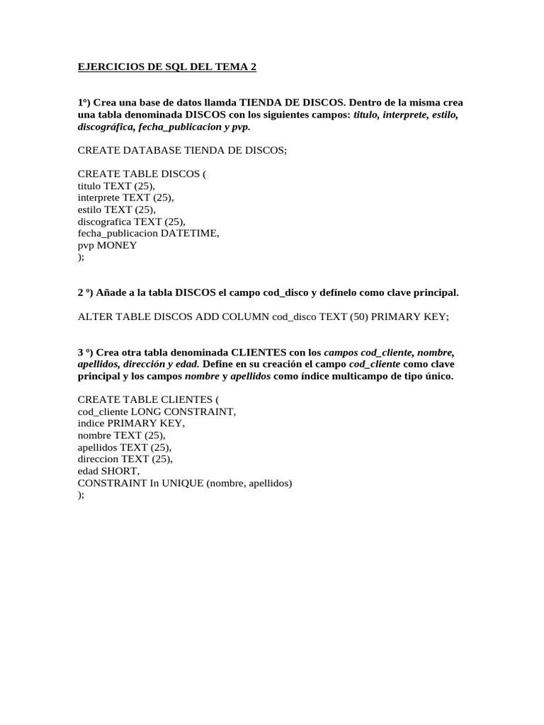 Ejercicios de SQL Del Tema 2 | PDF